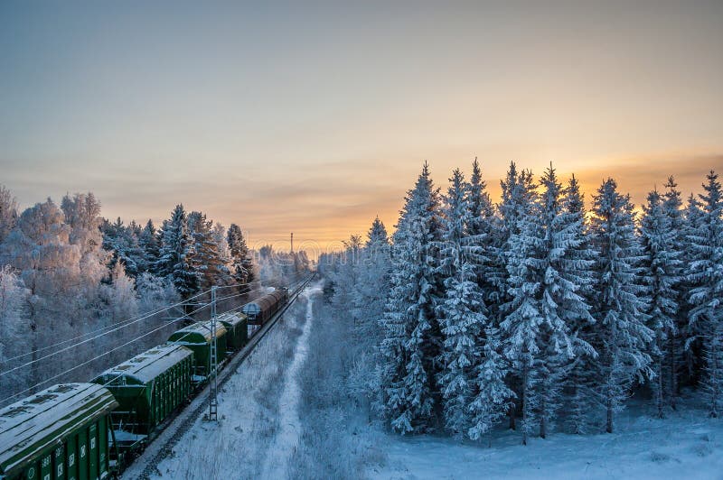 Evening Train at Winter stock image. Image of railroad - 161587177
