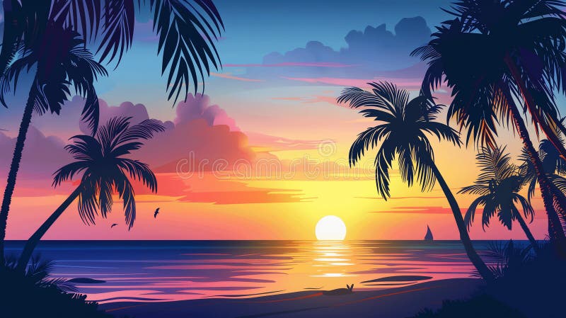 Evening in the tropics. stock illustration. Illustration of beach ...