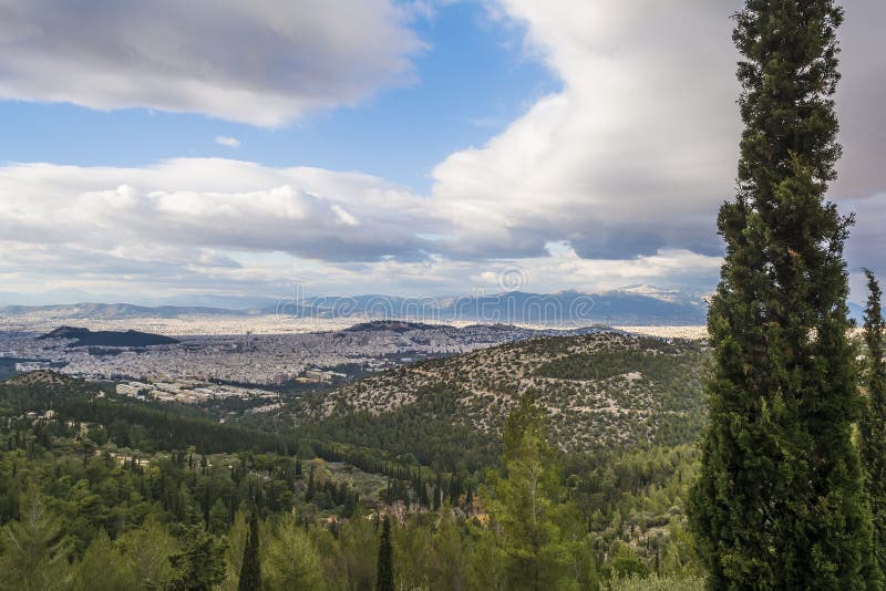 Evening View of Athens from Hymettus Mountain, Greece. Stock Image ...