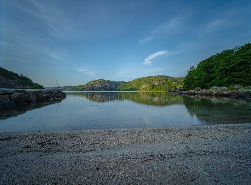 Evening View from a Beach by a Deep Fjord.. Stock Photo - Image of ...