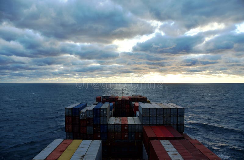 Evening View on Deck of Container Ship, during Her Passage through the ...