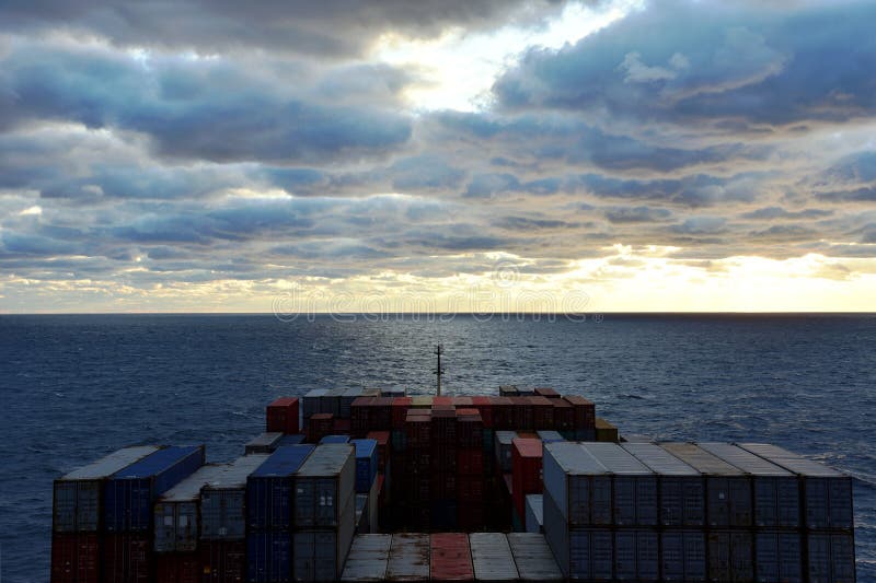 Evening View on Deck of Container Ship, during Her Passage through the ...