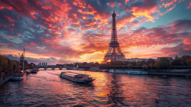 Evening View of Eiffel Tower in Paris with Ship on Ocean Stock ...