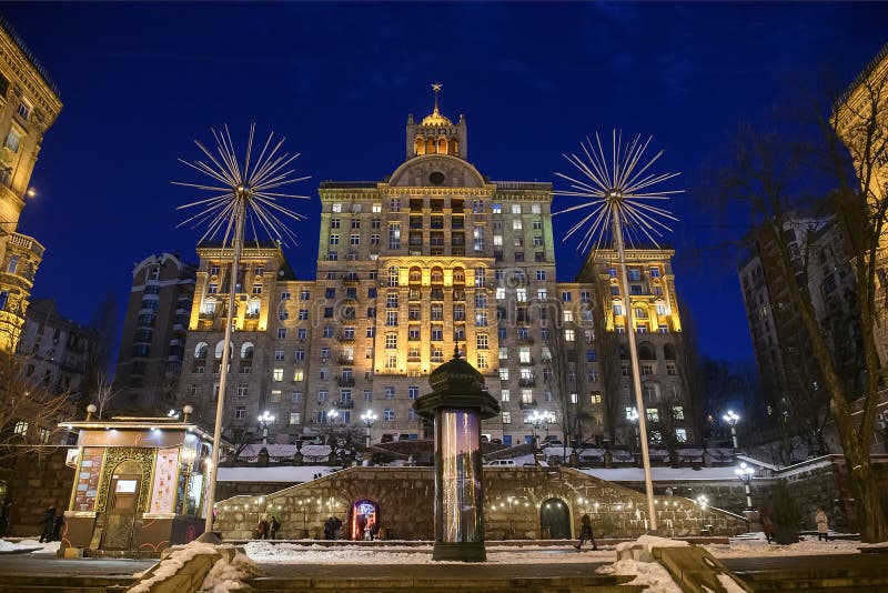 Evening View of Illuminated Khreshchatyk, Main Street in Kyiv, Ukraine ...