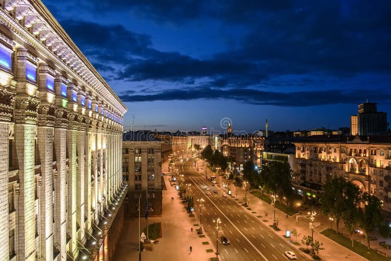 Evening View of Illuminated Khreshchatyk, Main Street in Kyiv, Ukraine ...