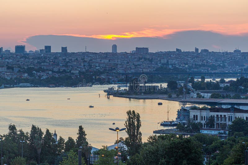 Evening View of Istanbul Skyline, Turk Stock Photo - Image of horn ...