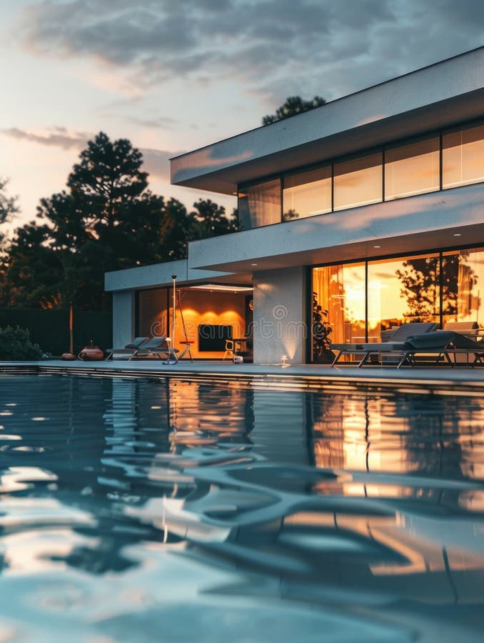Evening View of Luxury Poolside Home Stock Image - Image of estate ...
