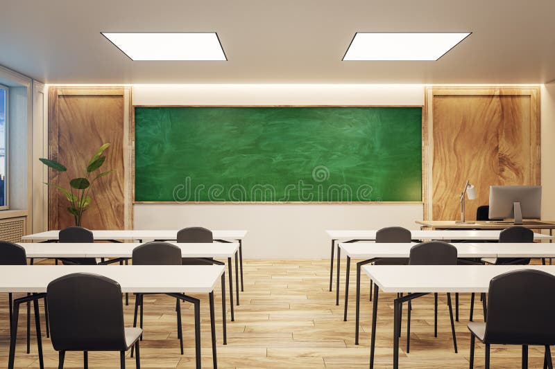 Evening View of a Classroom with Green Chalkboard and Warm Lighting ...