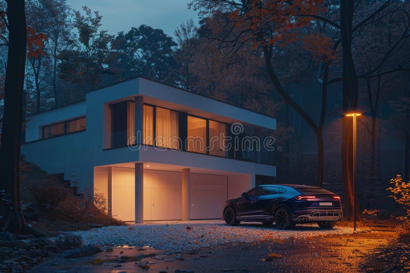 Evening View of Modern Cube House with Garage AI Generated Stock ...