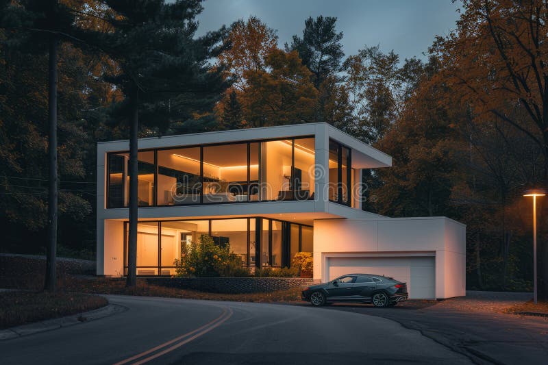 Evening View of Modern Cube House with Garage AI Generated Stock ...