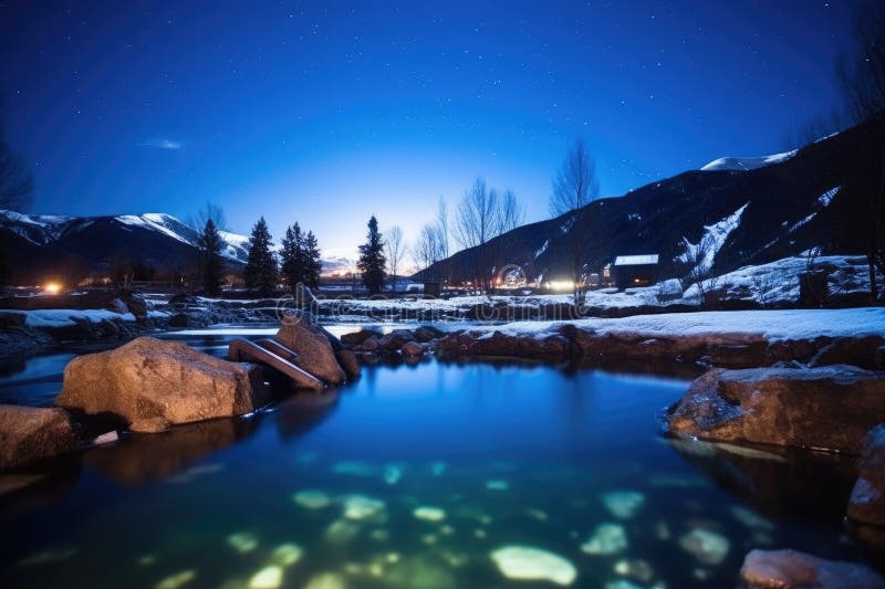 Evening View of a Mountain Hot Spring Under the Stars Stock Image ...