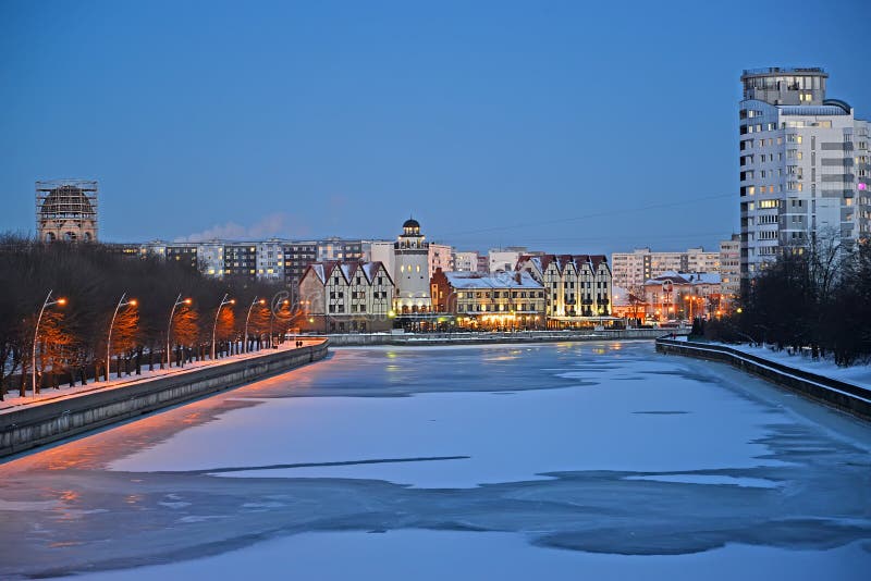 Evening View of the Pregolya River and Fish Village in the Winter ...