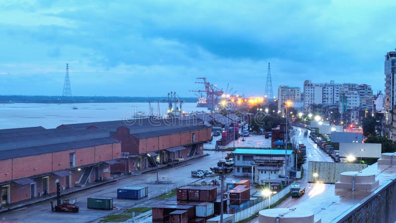 Evening View of the Shipping Port in Asia Stock Image - Image of black ...
