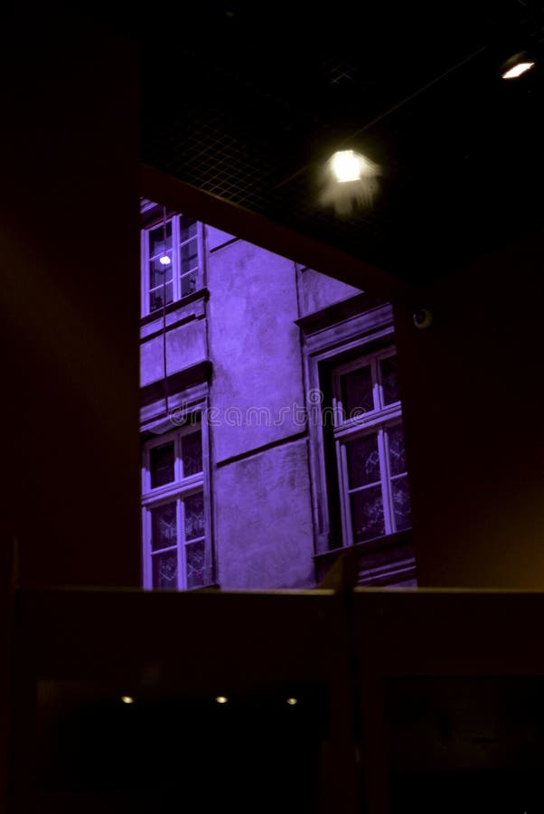 Evening Window in the Light of Purple Neon Stock Photo - Image of board ...