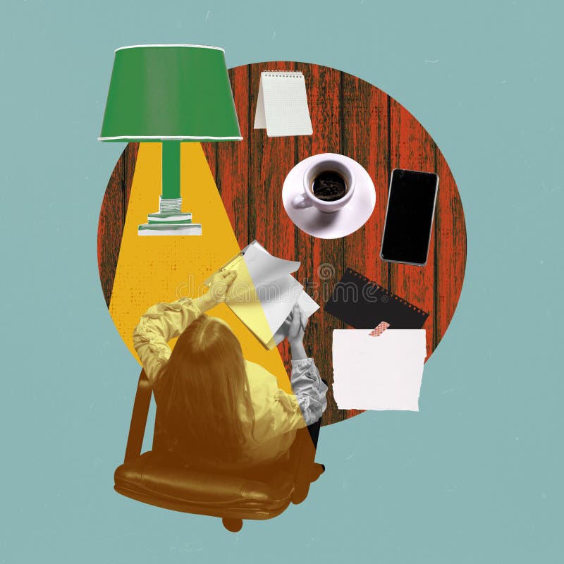 Evening Work. Young Woman Sitting at Workplace, Making Notes, Working ...