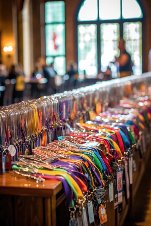 Event Badges and Lanyards Arranged on a Registration Table Stock ...