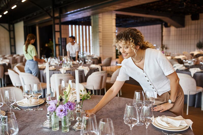 Event Decorator Arranging Festive Table Setting Stock Image - Image of ...