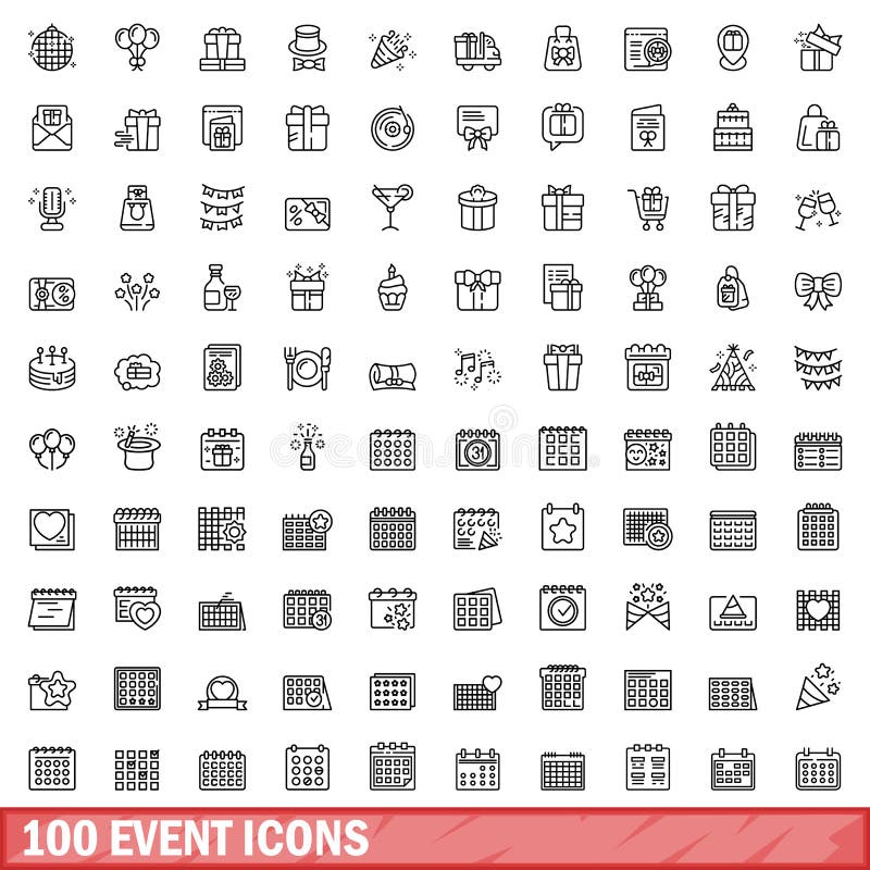 100 Event Icons Set, Outline Style Stock Vector - Illustration of black ...