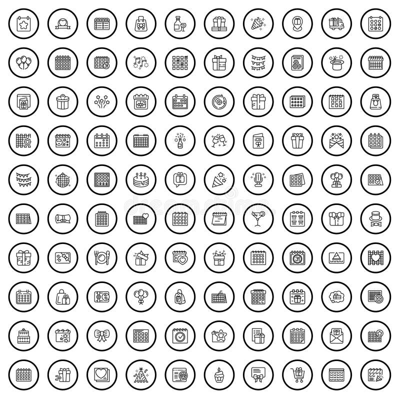 100 Event Icons Set, Outline Style Stock Vector - Illustration of card ...