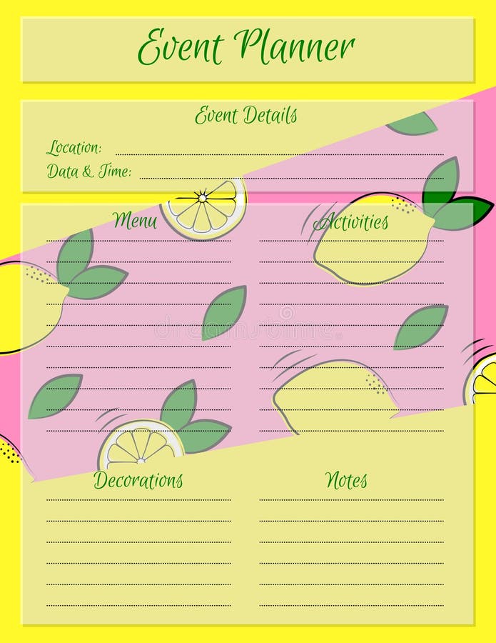 Event Planner Template. Notepad Page Design with Bright Lemon Pattern ...