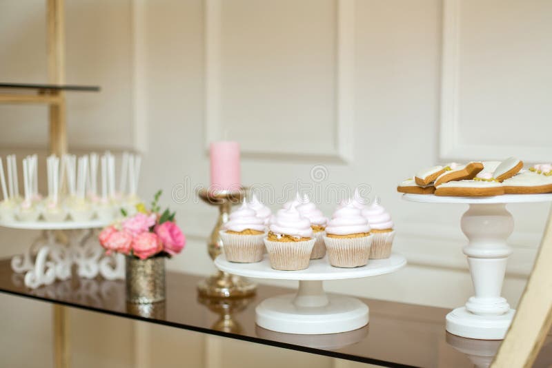 Event Table with Sweets, Minimal Decorated with Fresh Flowers Stock ...