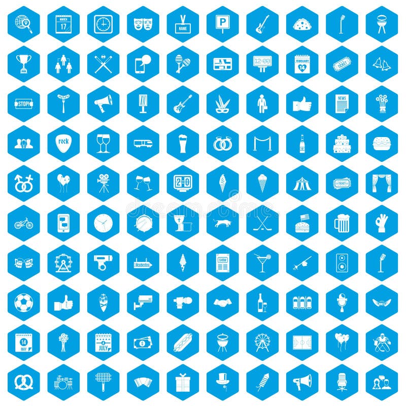 100 events icons set blue stock vector. Illustration of icons - 121294660