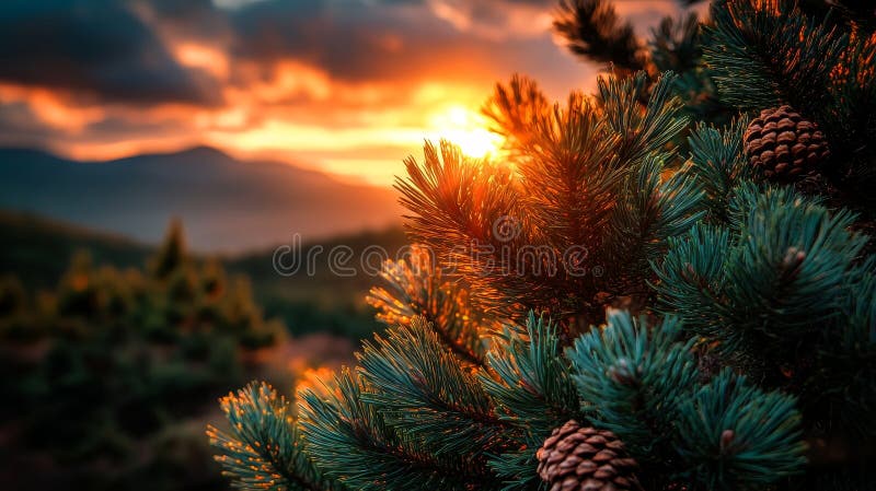 In the Evergreen Forest, a Vibrant Young Pine Cone Seated on a Branch ...