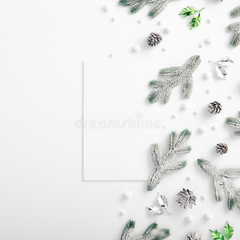 Evergreen Tree Branch with Snow and Pine Cones. Square Composition ...