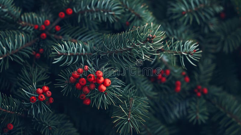 Evergreen Tree Branches and Red Berries Top View Stock Image - Image of ...