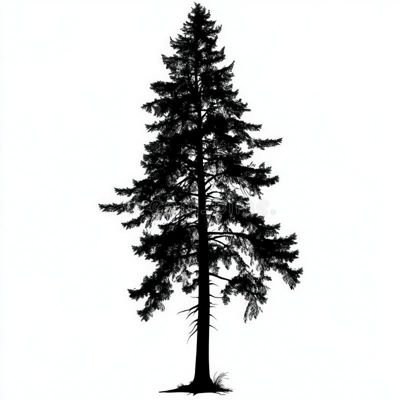 Evergreen Tree Silhouette , Black and White Illustration Isolated on ...