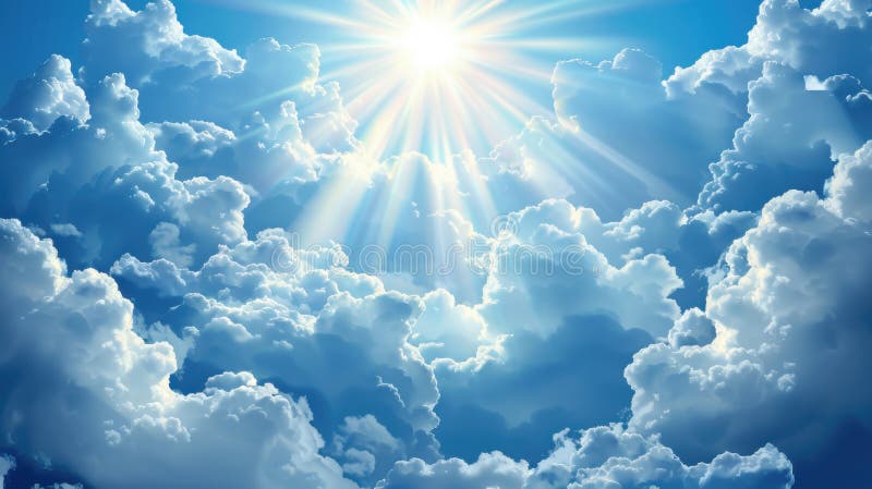 Bright Blue Sky Illustration: Sun Rays Shining through Central White ...