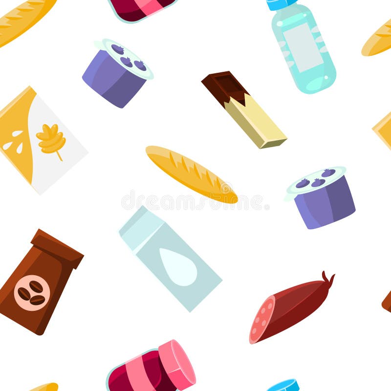Everyday Goods and Food Products Seamless Pattern, Design Element Can ...