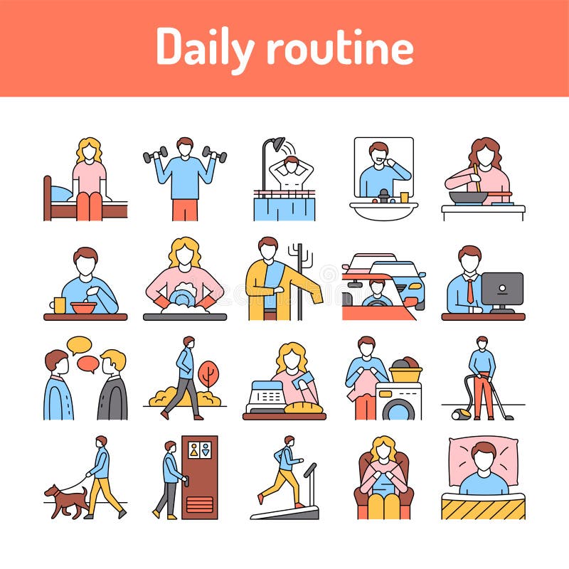 Everyday Routine Line Icons Set. Isolated Vector Element Stock Vector ...