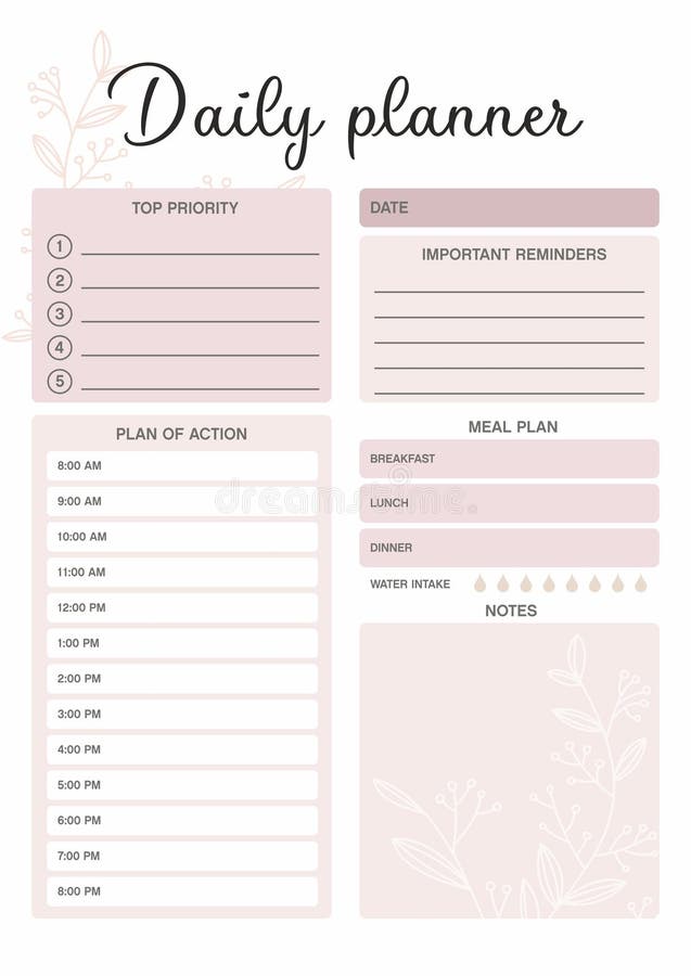Daily Everyday Routine Planner Printable Pink A4 Stock Illustration ...