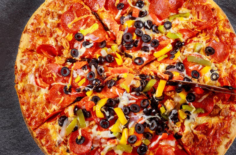 Everything Pizza with Black Olives and Pepperoni. Close Up. Stock Image ...