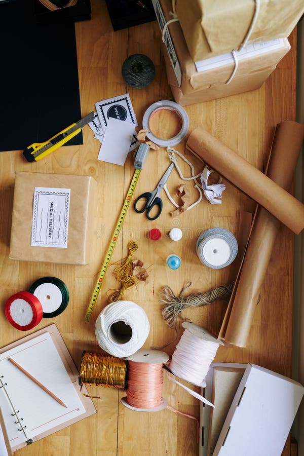 Everything for Wrapping Presents Stock Photo - Image of table, craft ...