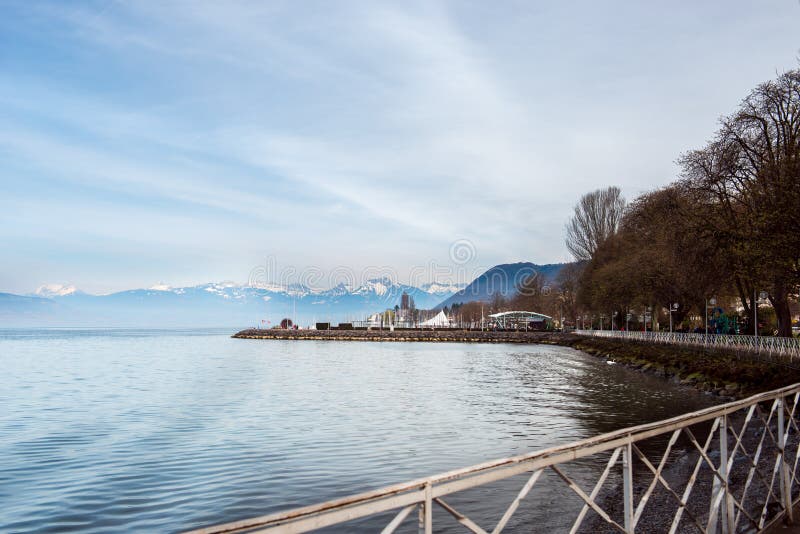 Lake And Mountains In Evian, France Stock Image - Image of landscape ...