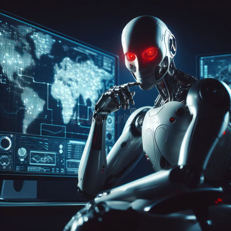 Evil AI Humanoid Robot Thinking and Plotting Stock Illustration ...