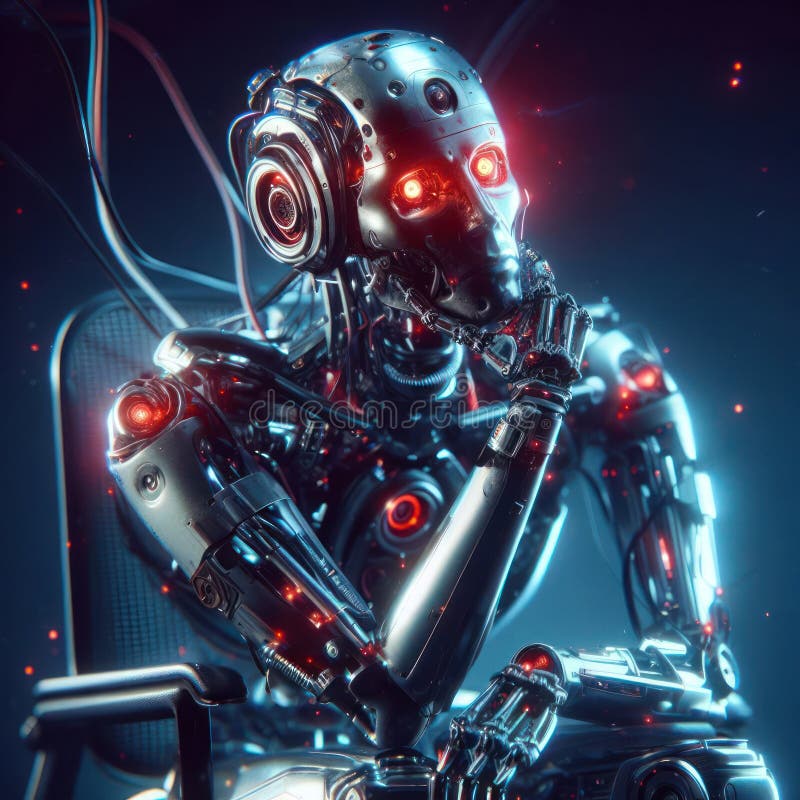 Evil AI Humanoid Robot Thinking and Plotting Stock Illustration ...