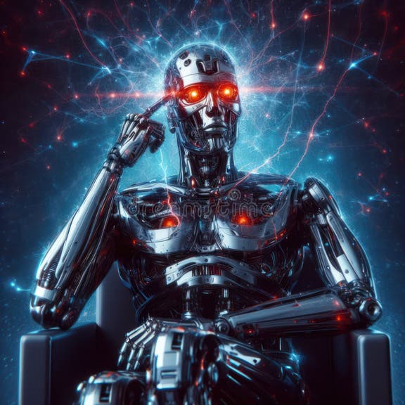 Evil AI Humanoid Robot Thinking and Plotting Stock Illustration - Illustration of future ...