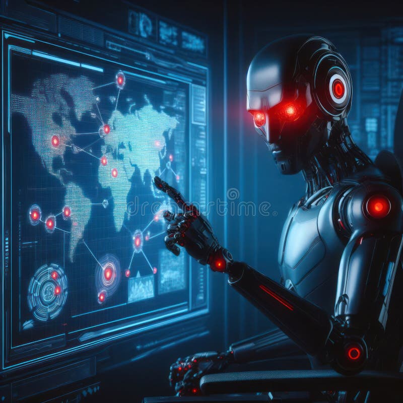 Evil AI Humanoid Robot Thinking and Plotting Stock Illustration ...