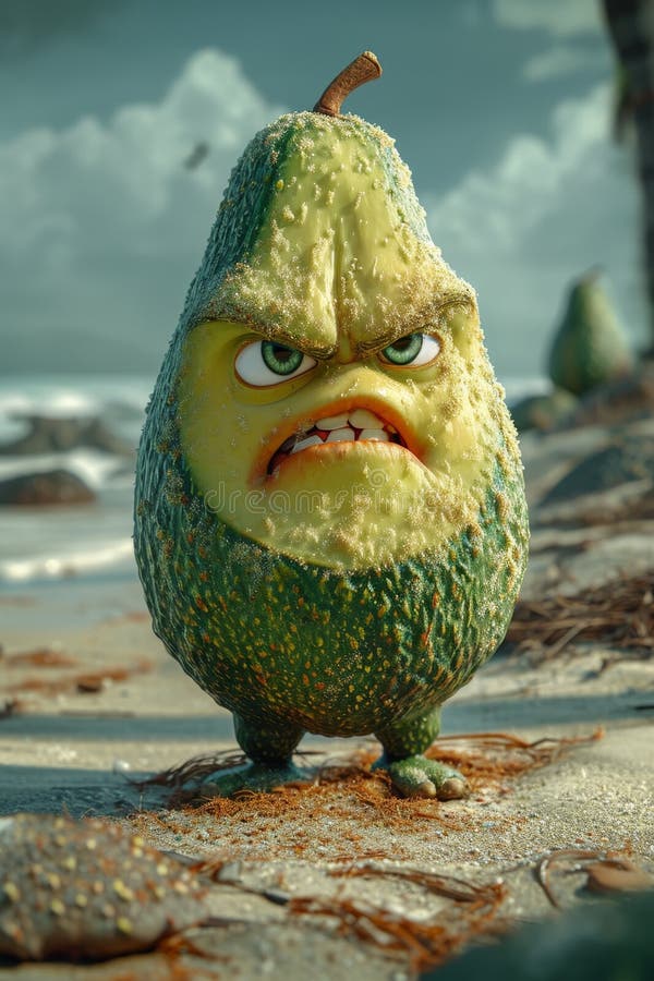 The Evil Avocado Supervillain Standing on a Tropical Beach, 3D ...