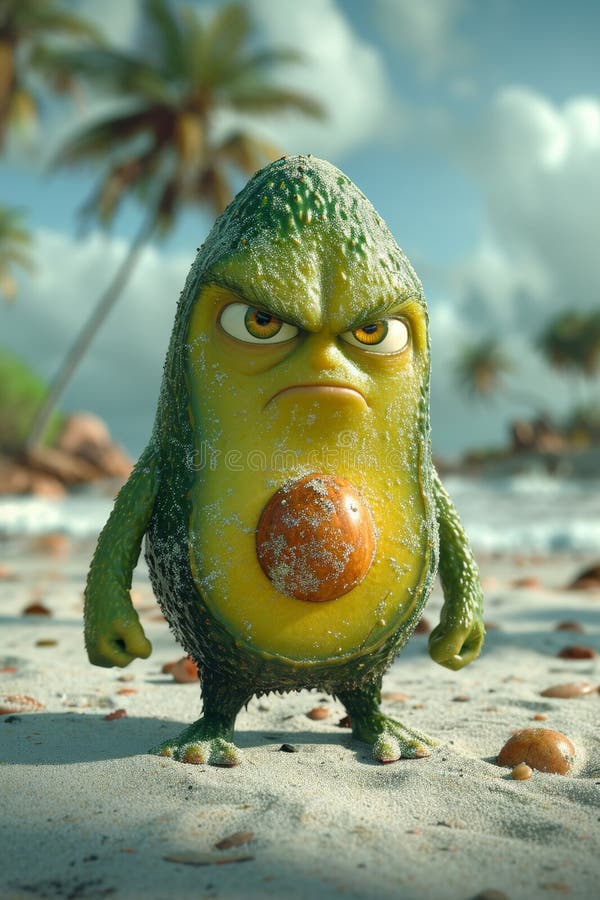 The Evil Avocado Supervillain Standing on a Tropical Beach, 3D ...