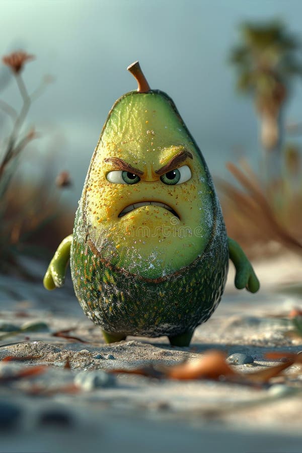 The Evil Avocado Supervillain Standing on a Tropical Beach, 3D ...