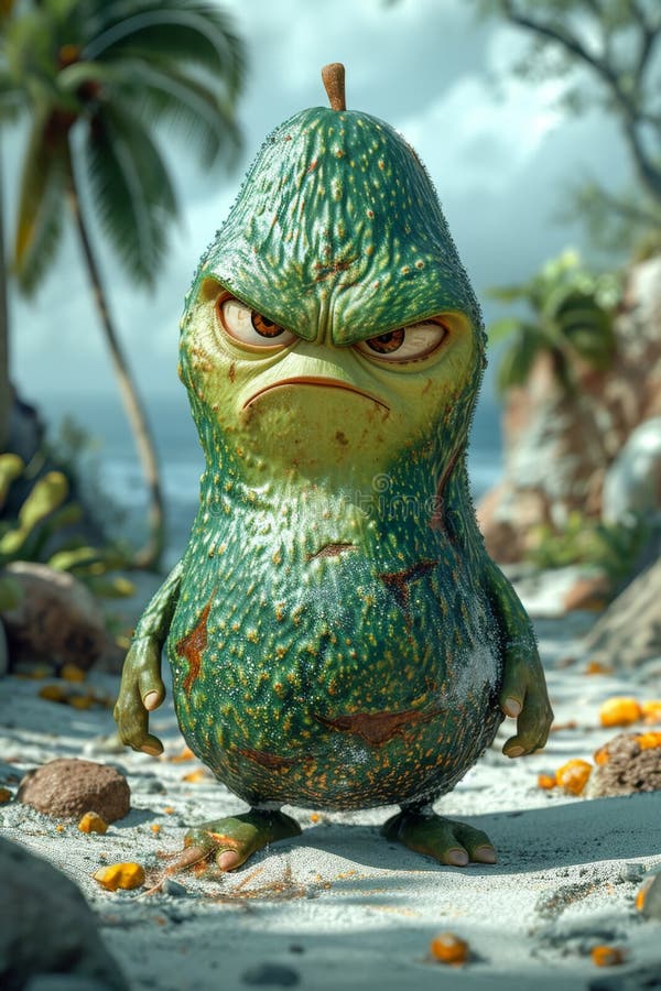 The Evil Avocado Supervillain Standing on a Tropical Beach, 3D ...