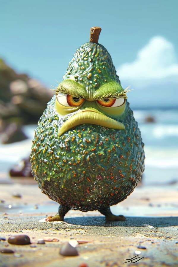 The Evil Avocado Supervillain Standing on a Tropical Beach, 3D ...