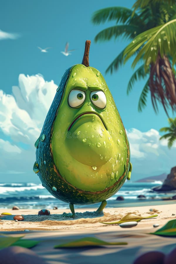 The Evil Avocado Supervillain Standing on a Tropical Beach, 3D ...