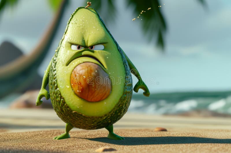 The Evil Avocado Supervillain Standing on a Tropical Beach, 3D ...
