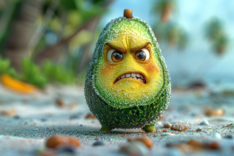 The Evil Avocado Supervillain Standing on a Tropical Beach, 3D ...