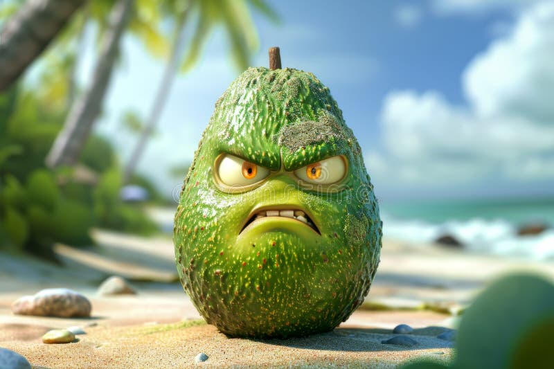 The Evil Avocado Supervillain Standing on a Tropical Beach, 3D ...